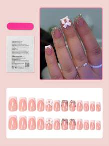 24pcs Medium Square French Tip Nail Stickers, White Color With ...