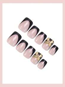 24pcs Short Square Nail Stickers, Black French Pointed Tip, Gold Bow ...
