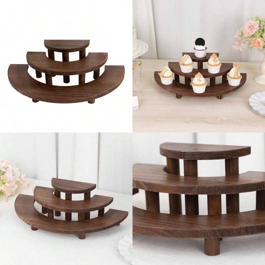 3 Semicircle Brown 3 Tier Wooden Cupcake Pedestals Dessert Display ...