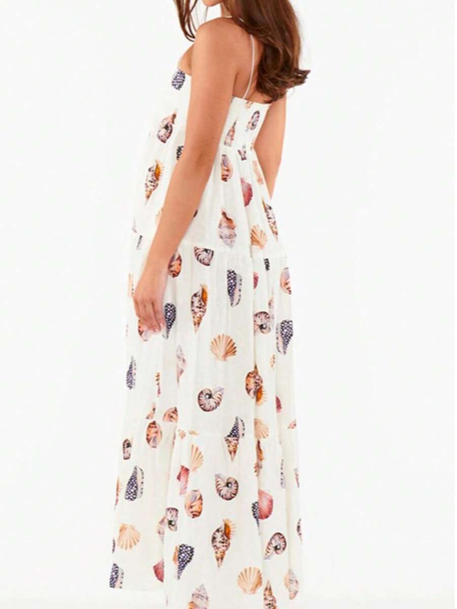 Seashell Print Tiered Maxi Dress – Lightweight Spaghetti Strap Vacation ...