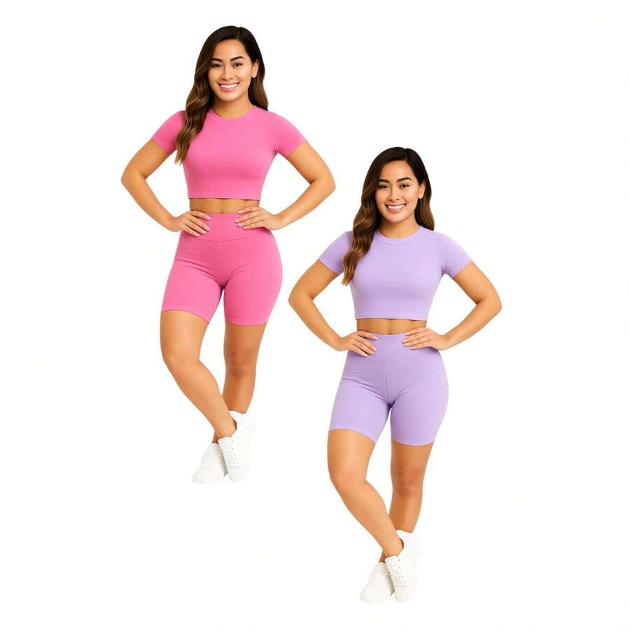 Womens Seamless 4-Piece Activewear Set-Crop Top And Biker Shorts ...