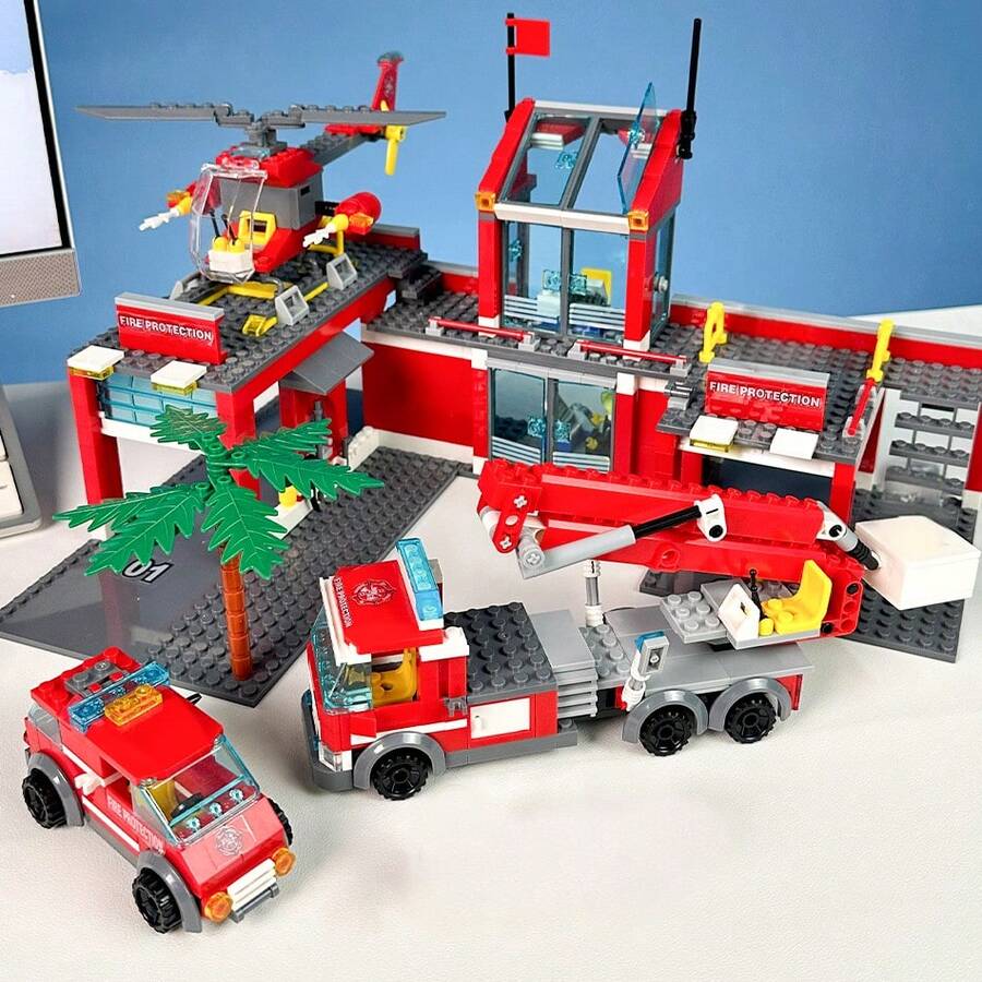 758PCS Fire Station Building Blocks Ladder Truck Helicopter Car ...