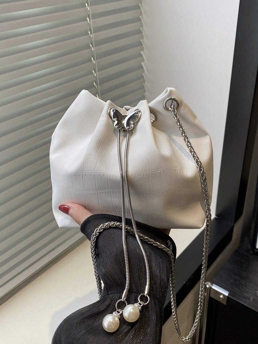 Mini New Fashion Straw Woven Golden Chain Drawstring Bucket Bag, Beach ...