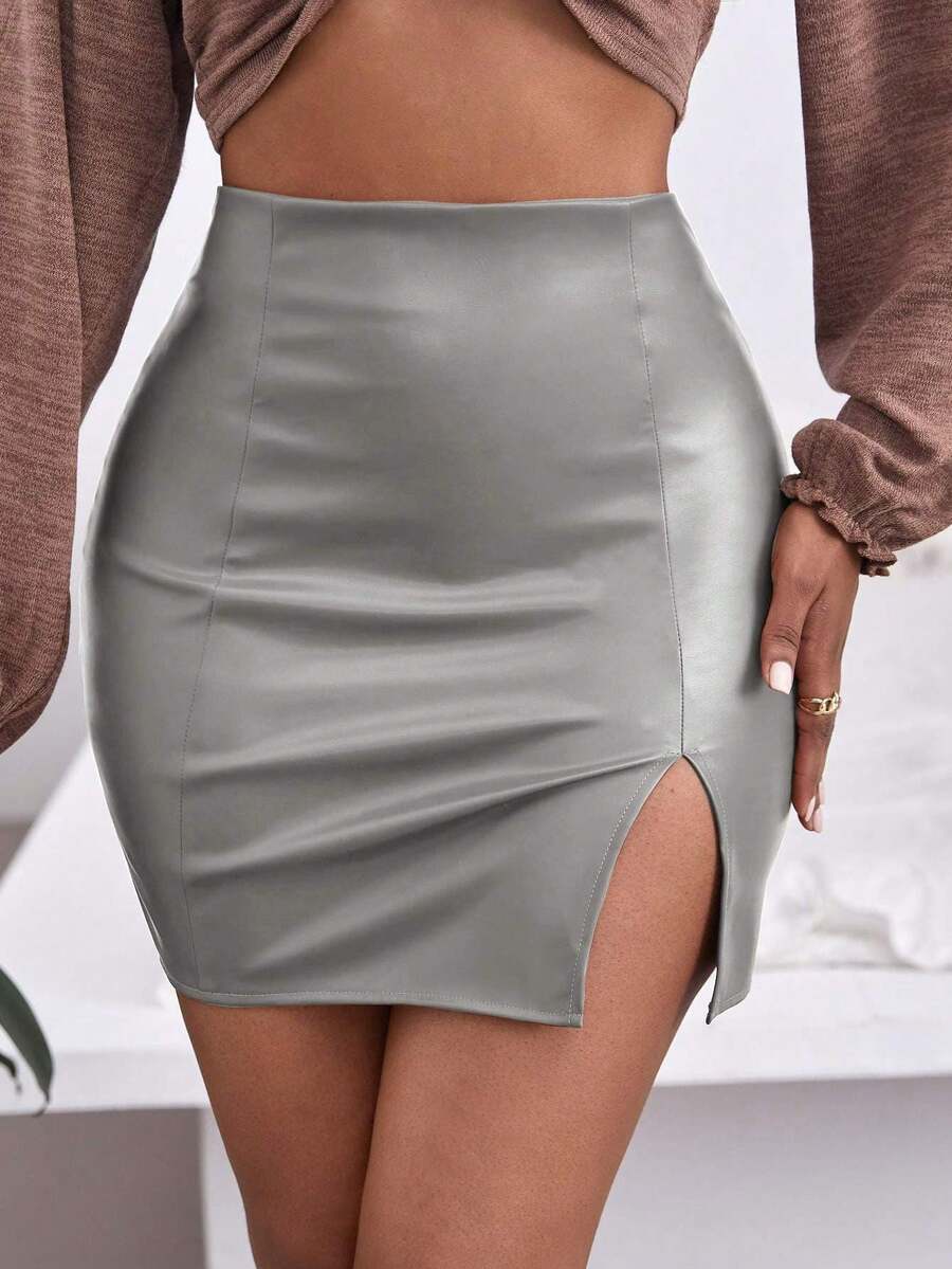 SPLIT HEM PU LEATHER BODYCON SKIRT | SHEIN USA