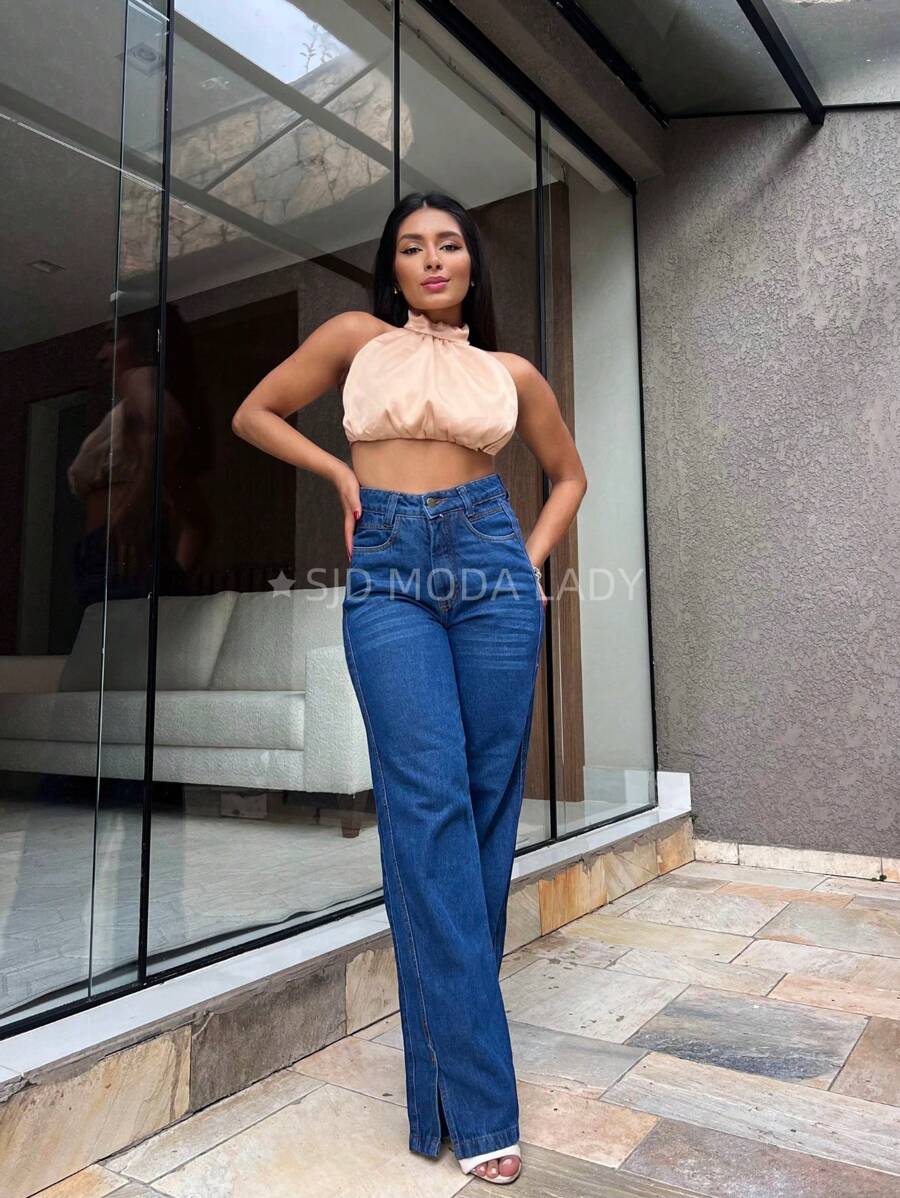 SJD MODA LADY calca jeans wide leg sem lycra barra fendas laterais marcas antigas lavadas ...