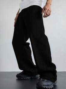Men's Solid Color Loose Wide Leg Casual Sports Pants, Black Plaid ...