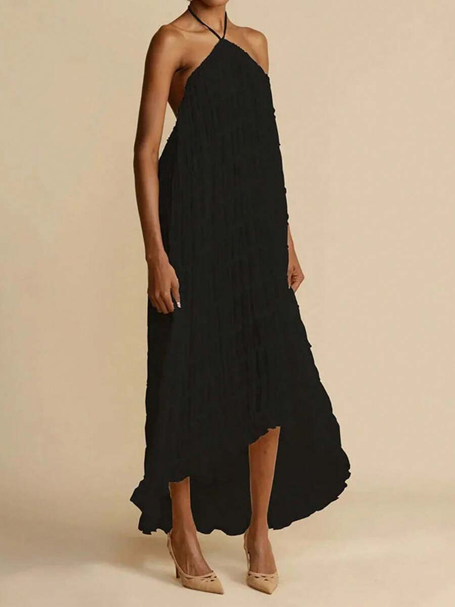 Boho Halter Long Flowy Dress Backless Ruffle Tiered Maxi Dress Summer ...