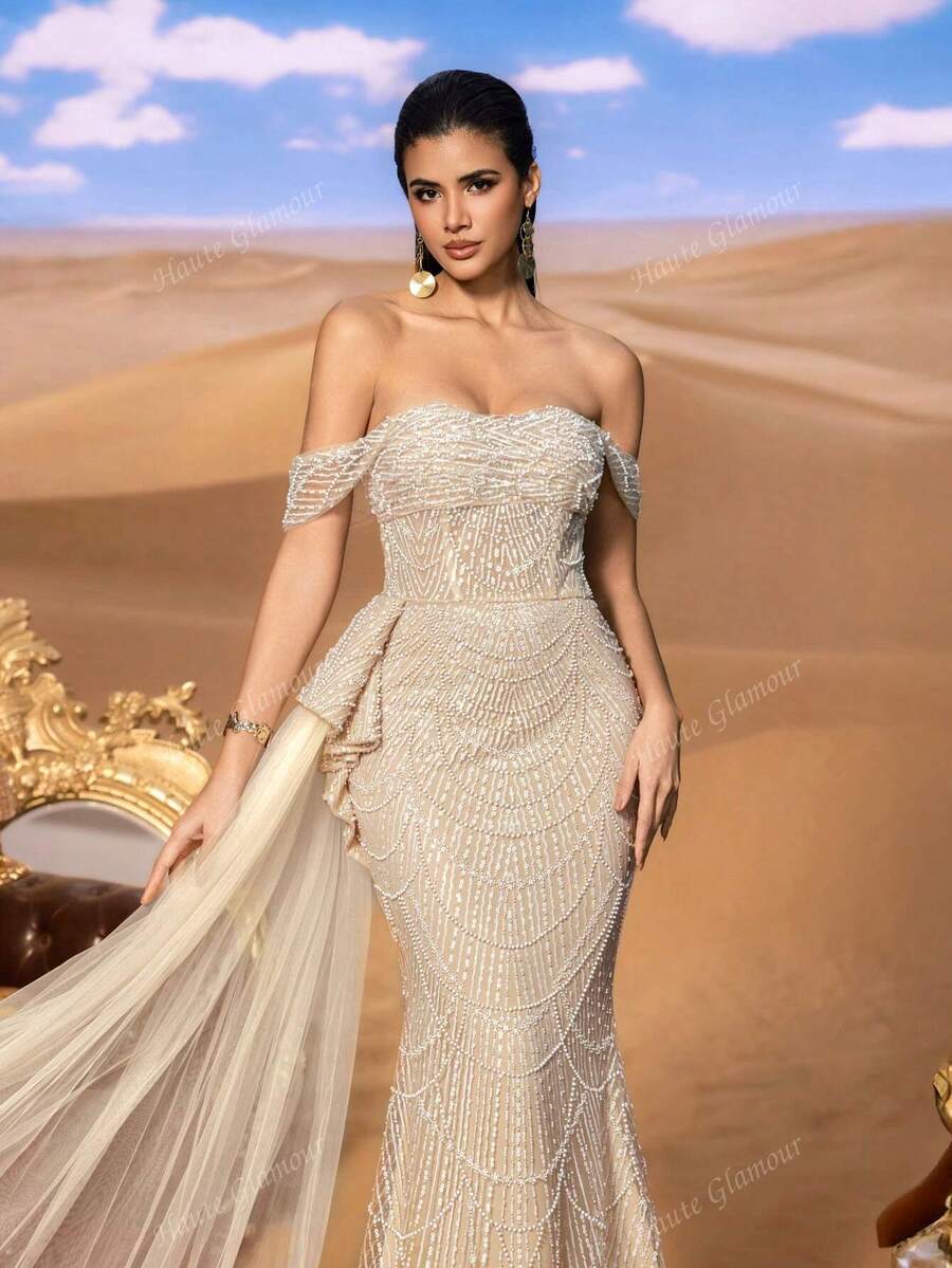 Faeriesty Haute Glamour Elegant Off-Shoulder Beaded Mermaid Gown With ...