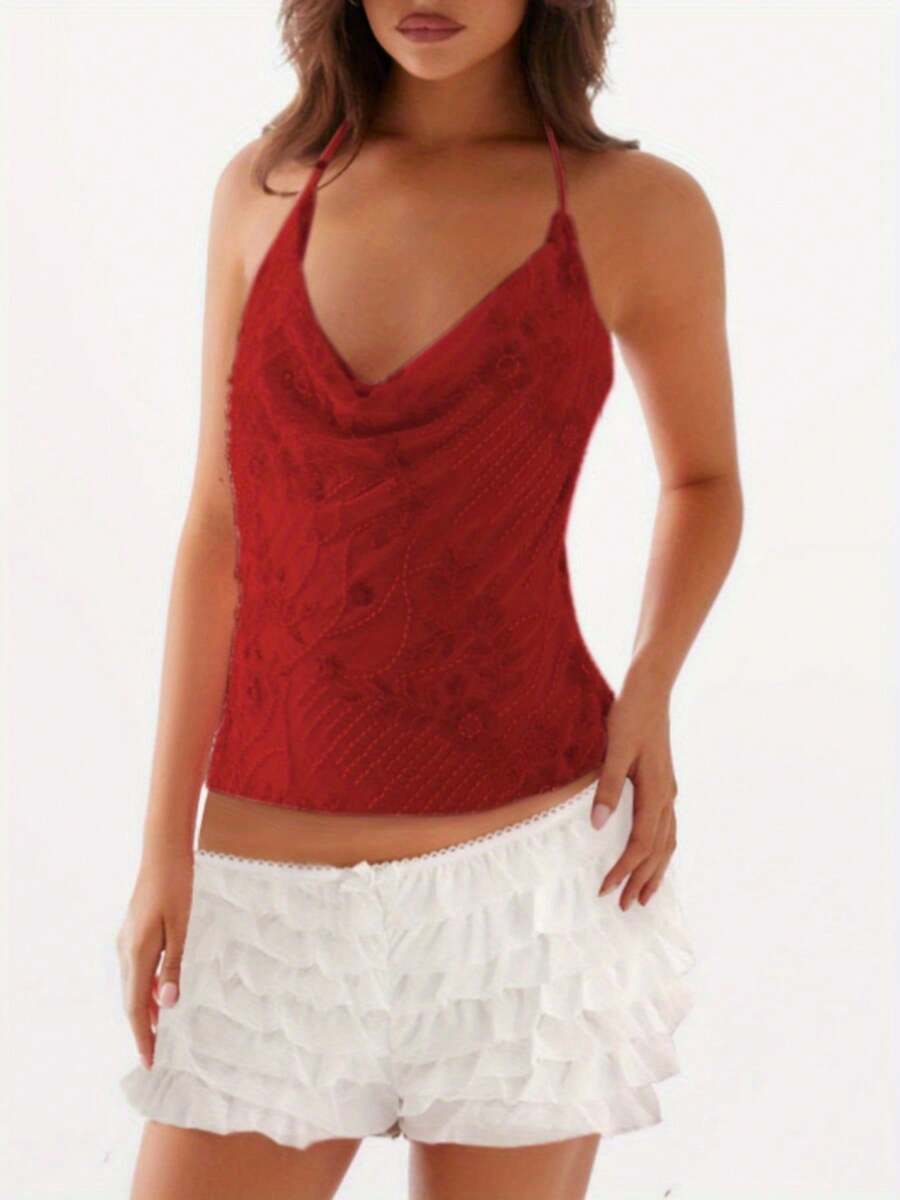 Women Sleeveless Halter Tops Summer Floral Sequin Embroidery Backless ...