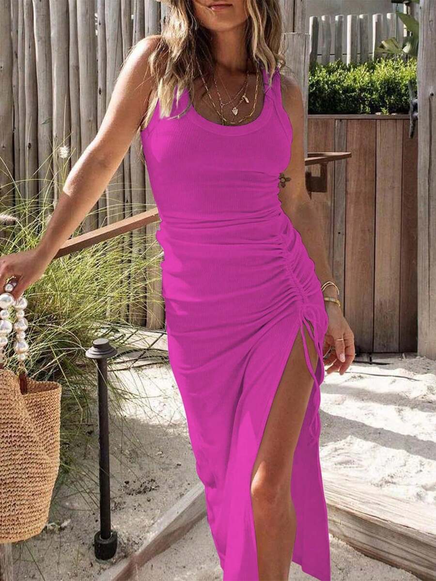 Ribbed Drawstring Ruched High Slit Dress | SHEIN USA