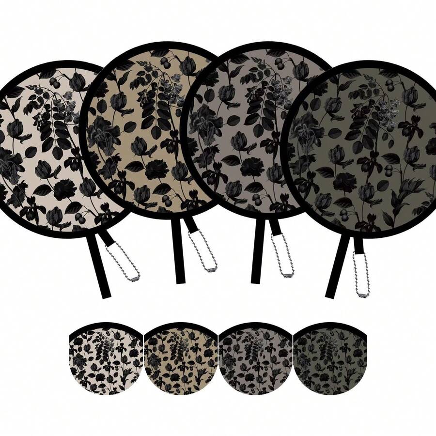 4 Pack Elegant Black Plant Foldable Hand Fans, Multifunctional Round ...