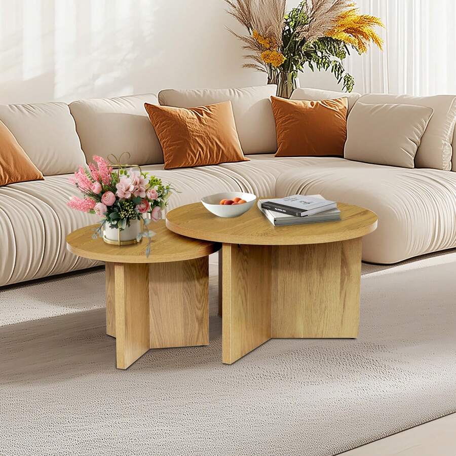 Round Nesting Coffee Table Set Of 2, Modern Stacking Table With Wood ...