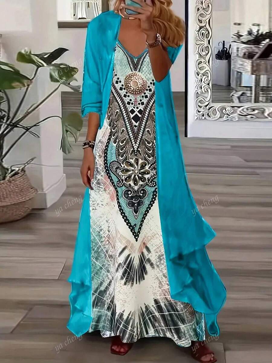 2pcs Set: Floral Print V-Neck Spaghetti Strap Dress And Long Cover Up ...