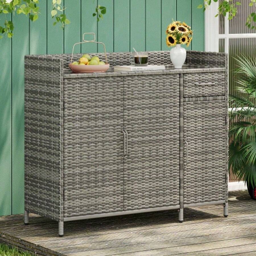 K&K 47.5"W Wicker Outdoor Storage Cabinet With Tempered Glass Desktop ...