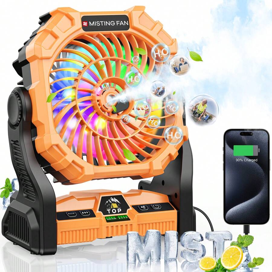 Misting Fan Portable With RGB Lantern, 12000 MAh Rechargeable Battery ...