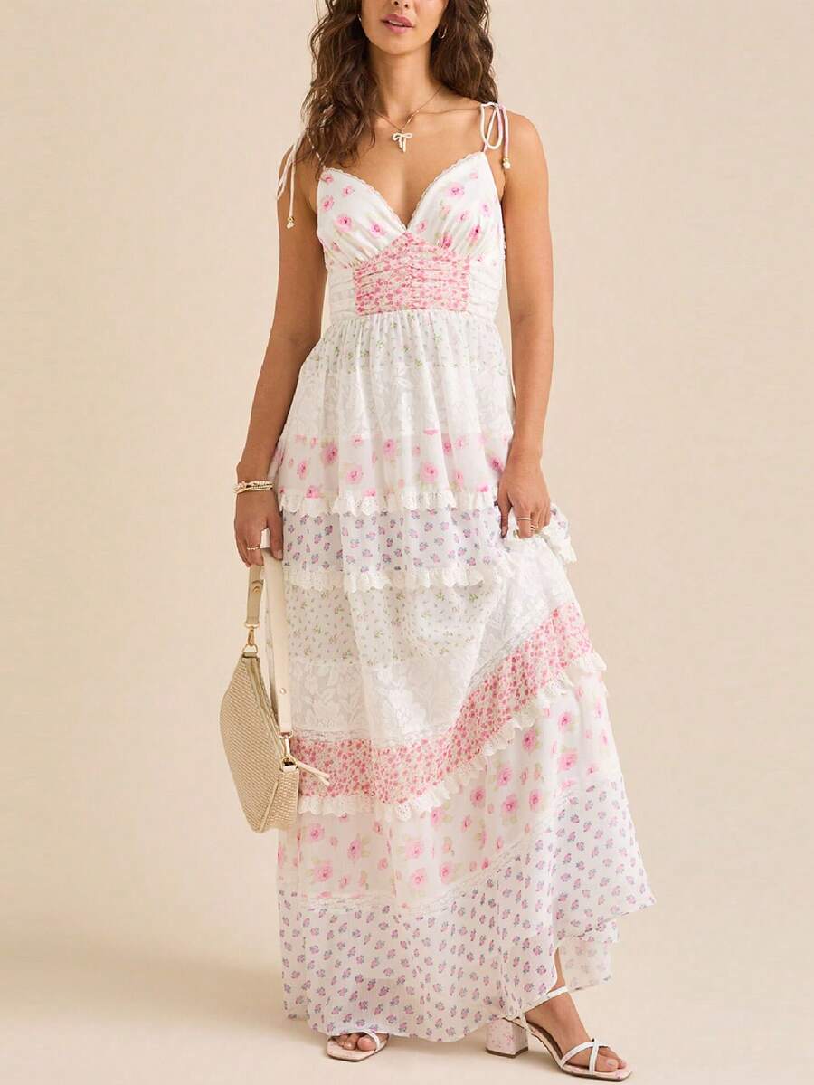 Women Y2k Boho Maxi Dress Floral Lace Sheer Tiered Flowy Cami Long ...
