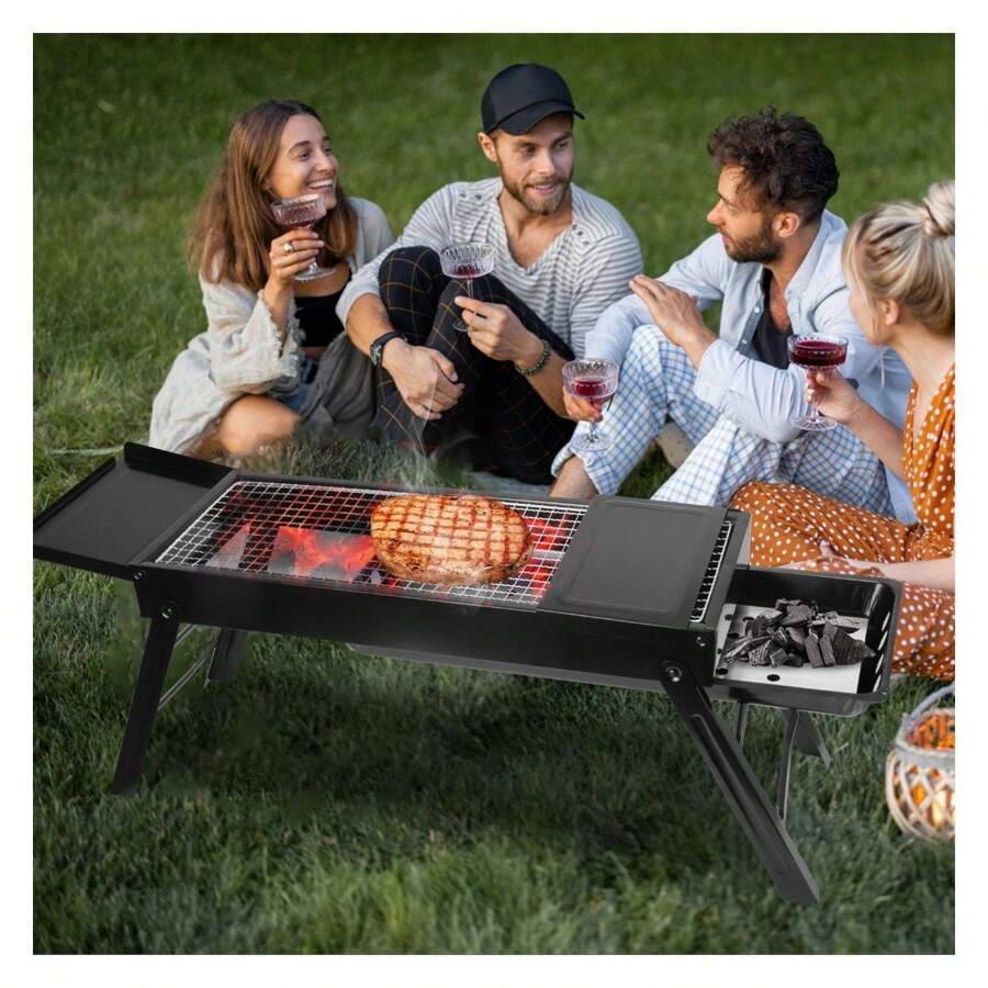 Foldable Charcoal BBQ Grill With Shelf Stainless Steel Grill Net Easy Setup Portable Barbecue ...