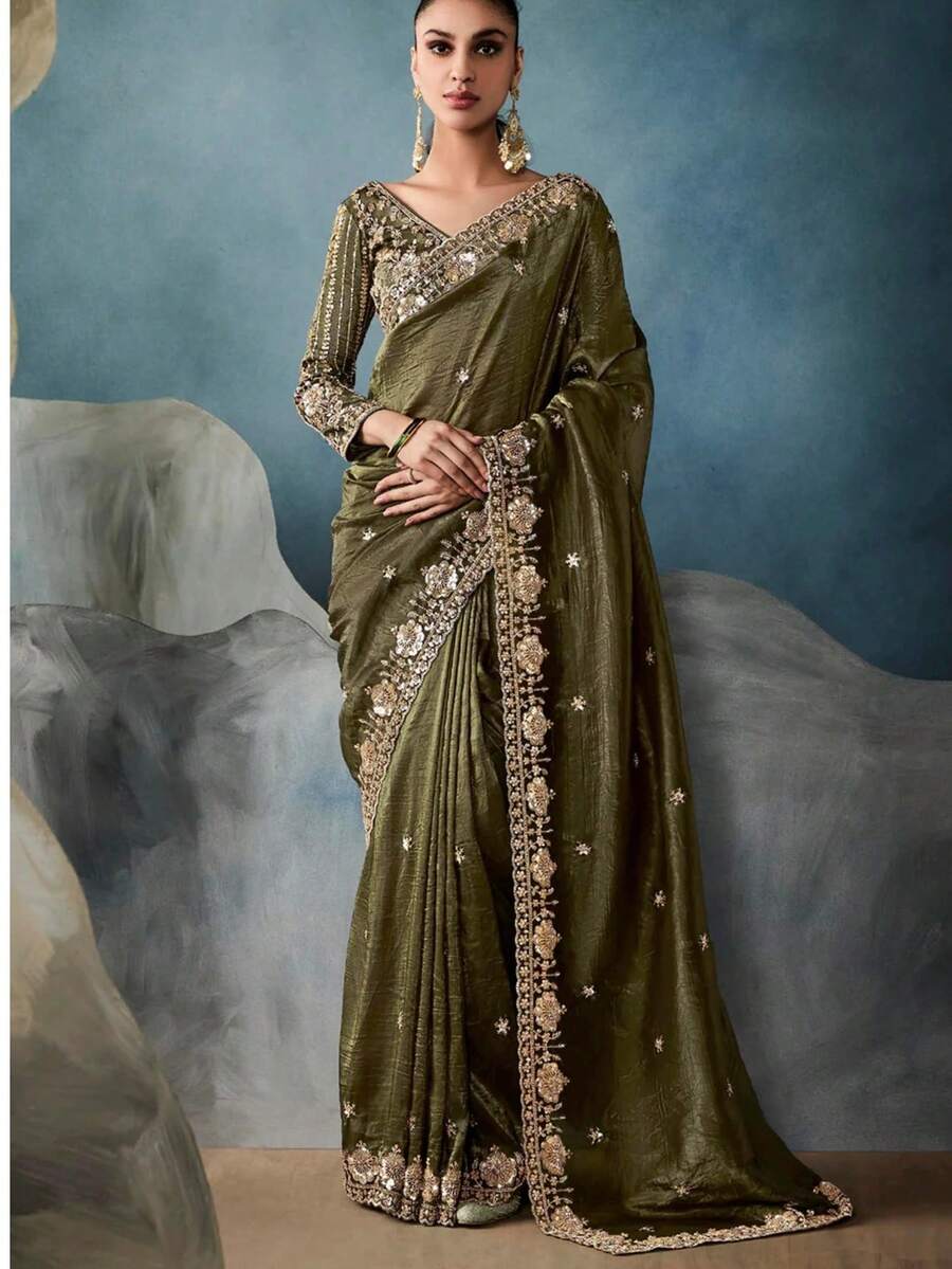 Olive Green Tissue Saree With Handcrafted Cutwork Border With Satin ...