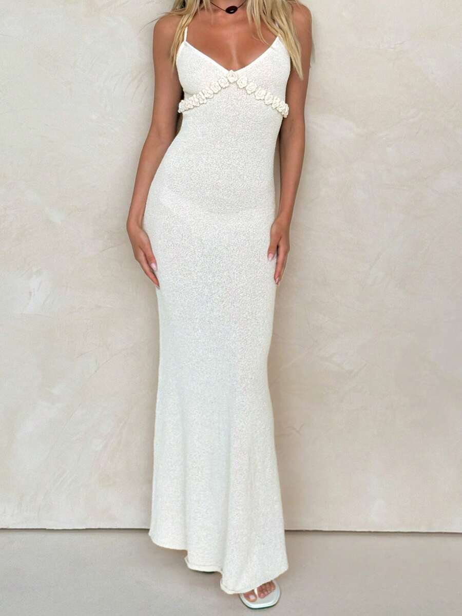 Women Sleeveless Knit Dress Summer Crochet Flowers Cross Straps ...