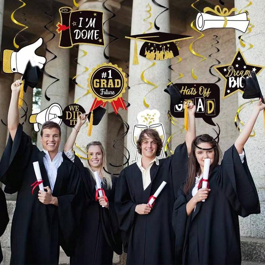 15pcs Gold & Black 2025 Graduation Spiral Decorations, For Ceiling ...