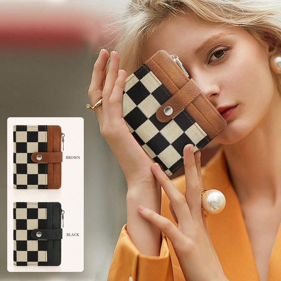 Checkered Women Wallet Small Bifold Zipper Pocket Wallet Card Case ...