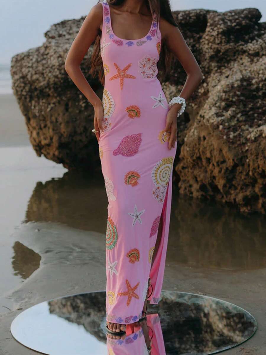 Women Starfish Shell Printed Maxi Dress Spaghetti Strap Backless ...