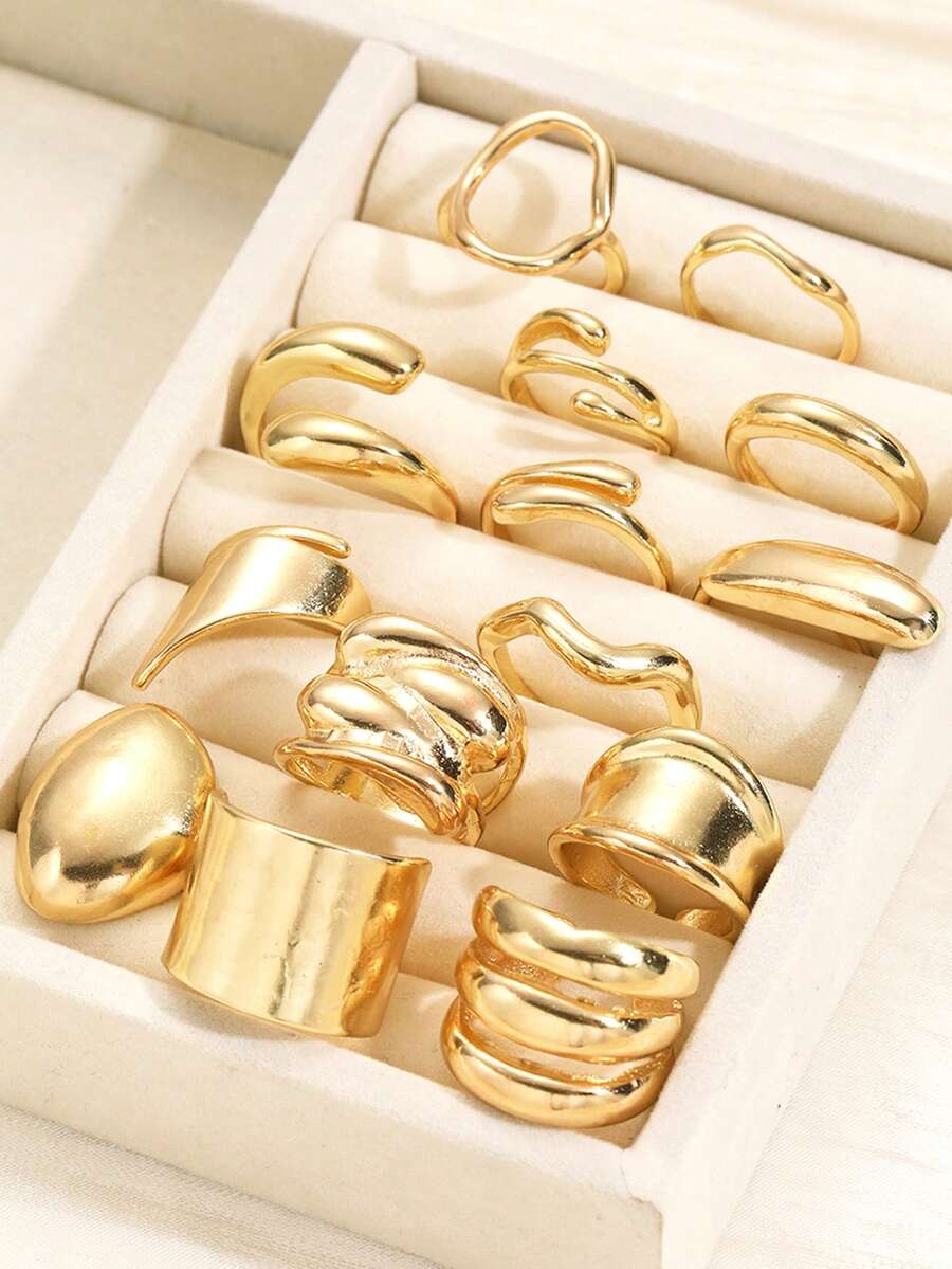 14-3pcs/Set Liquid Geometry Exaggerated Irregular Shapely Metal Chunky Rings Sets, Fashion ...
