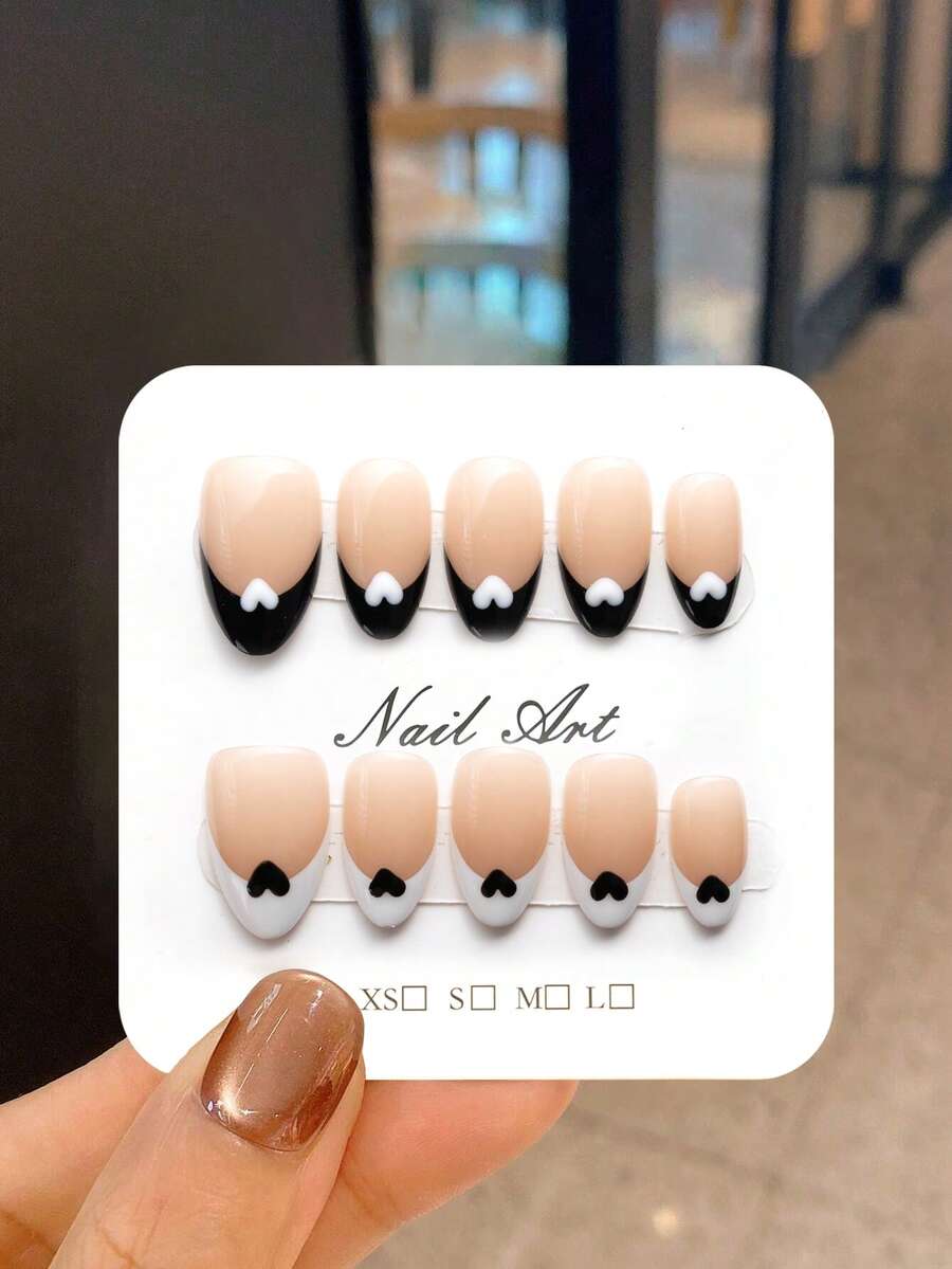 10PCS Handmade Black & White French Press-On Nails | Heart Accents Tips ...