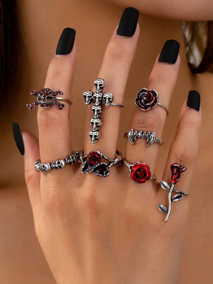 8 Pcs Vampire Gothic Style Rings Set , Skull Cross Skeleton Stacked ...