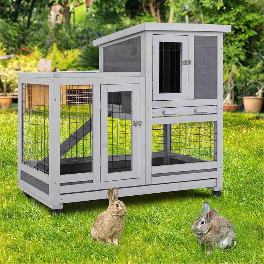 37" Waterproof Fir Rabbit Hutch | 3-Story Playground With Removable ...