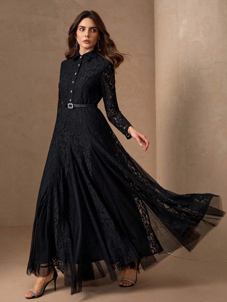 Elegant Women's Diamond Button Decorated A-Line Mesh Panel Fitted Slim ...