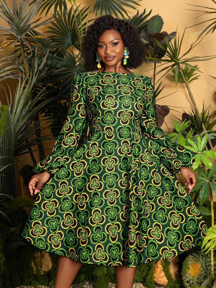 Women's Floral Boat Neck Lantern Sleeve Midi Dress - Lightweight Flowy ...