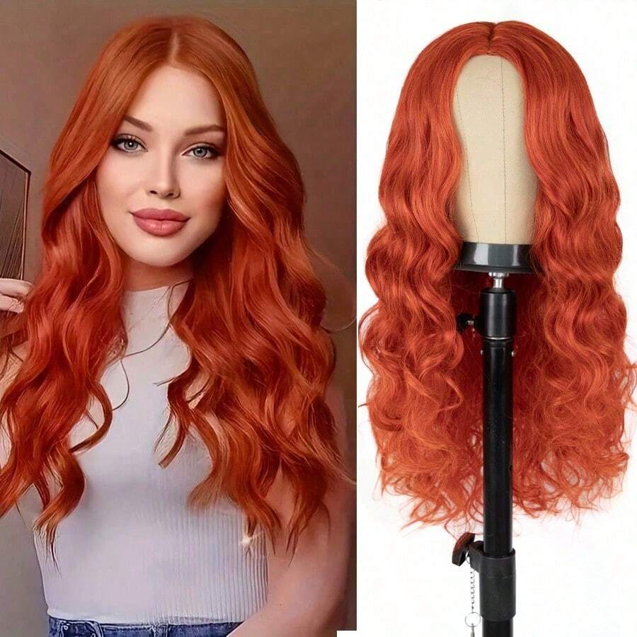 24inch Red Orange Wig Long Body Wave Without Glue Natural Wave Wig ...
