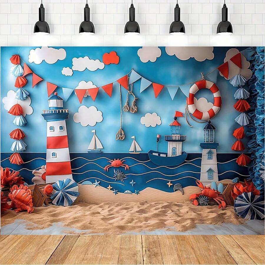 1pc Nautical-Themed Backdrop - Sailboat, Seashell And Starfish Pattern ...