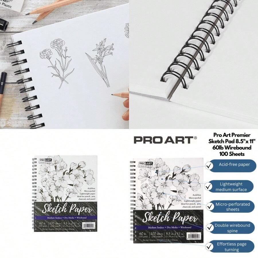 Premium Sketch Paper Pad 8.5x11 100 Sheets 60 Wire Sketch Book ...