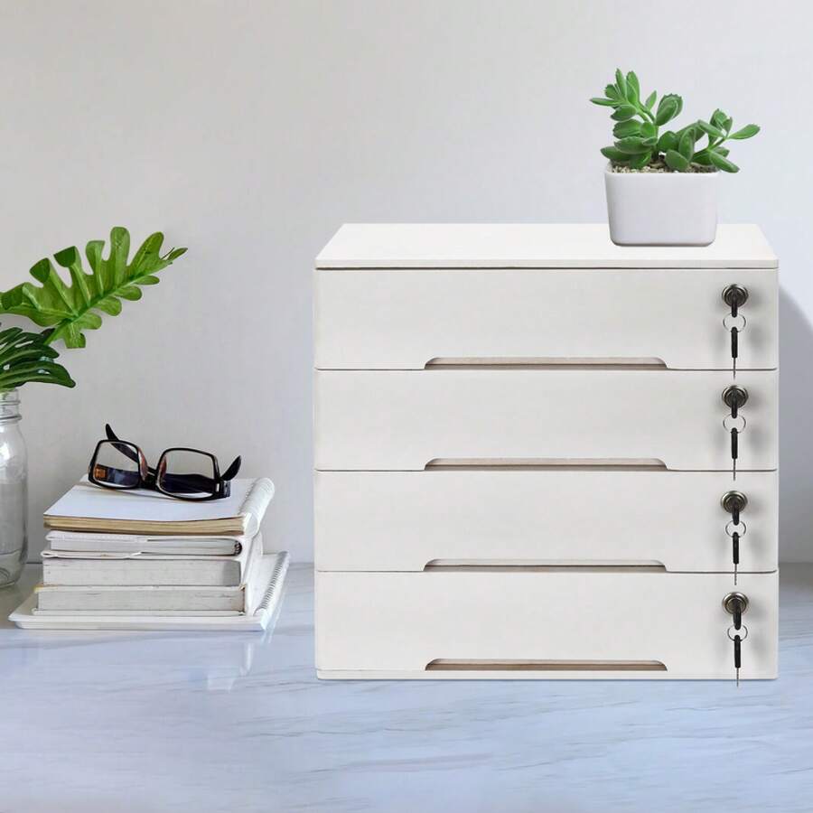 4-Layer White Wooden Desktop Storage Box File Cabinet With Lockable ...