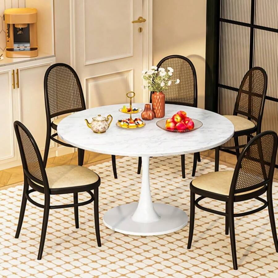 42 Inch Round Dining Table, White Marble Tulip Table With 0.71 ...