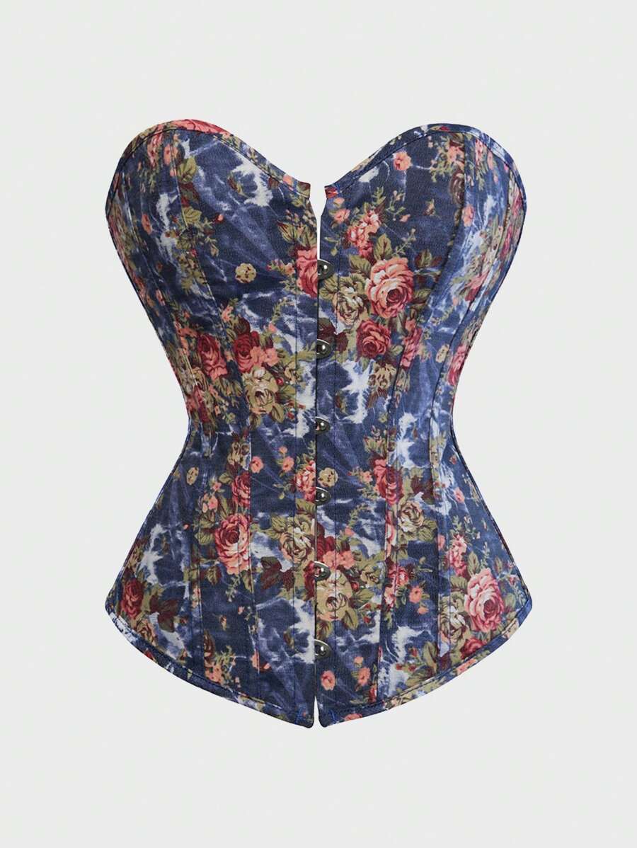 Floral Print Denim Corset Top Vintage Lace Up Boned Overbust Corset Bustier Bodyshaper Lingerie ...