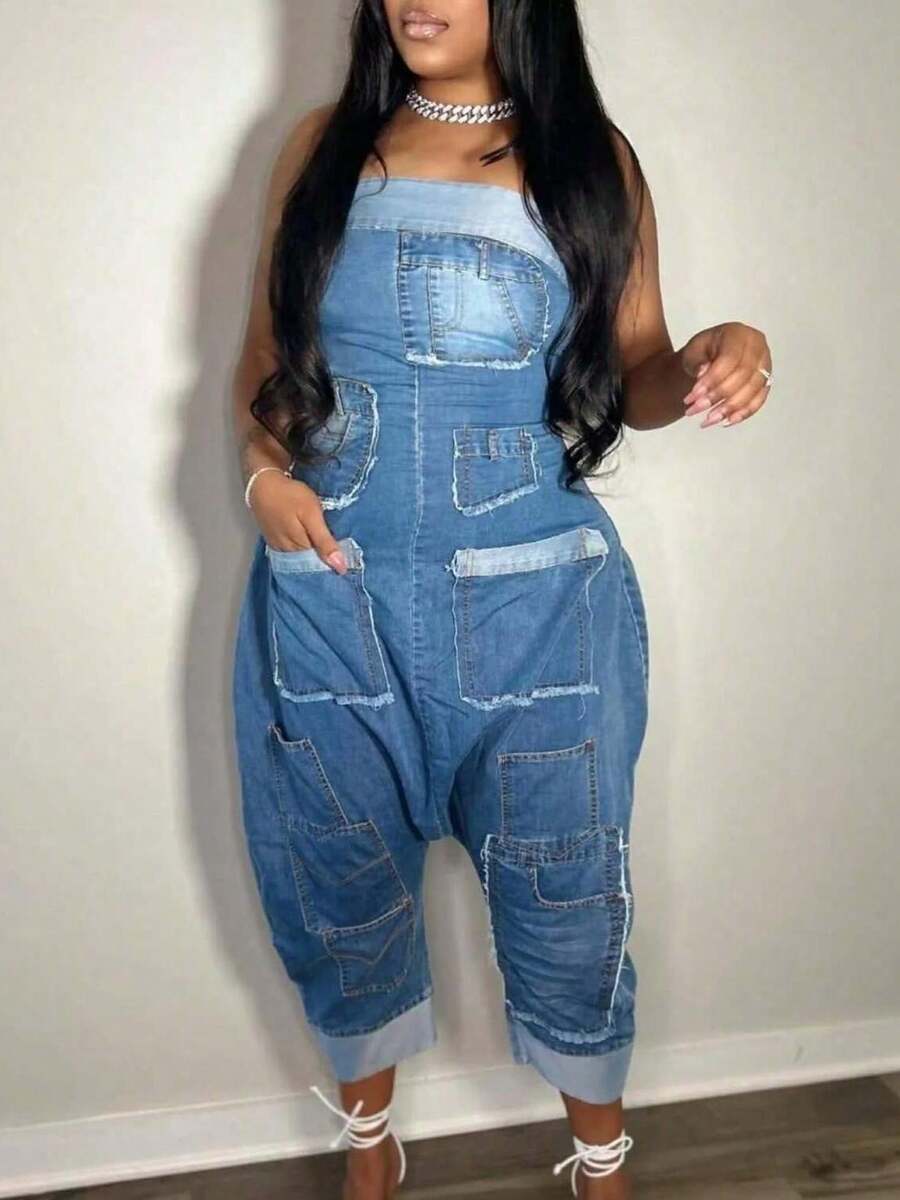 Denim Cargo Multi-Pocket Patchwork Wash Loose Sleeveless Romper | SHEIN USA