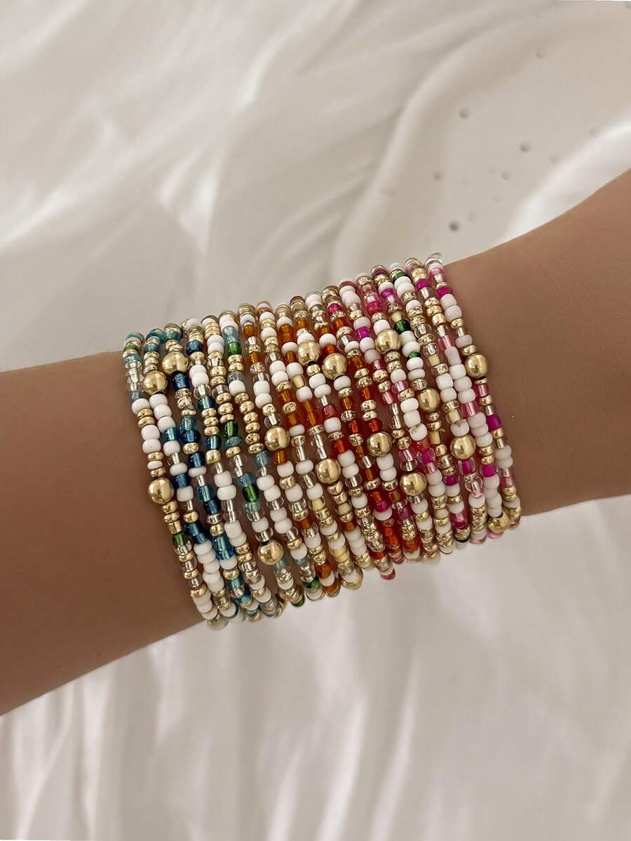 18pcs Colorful Dopamine Bead Bracelet Set, Assorted Color Beaded ...