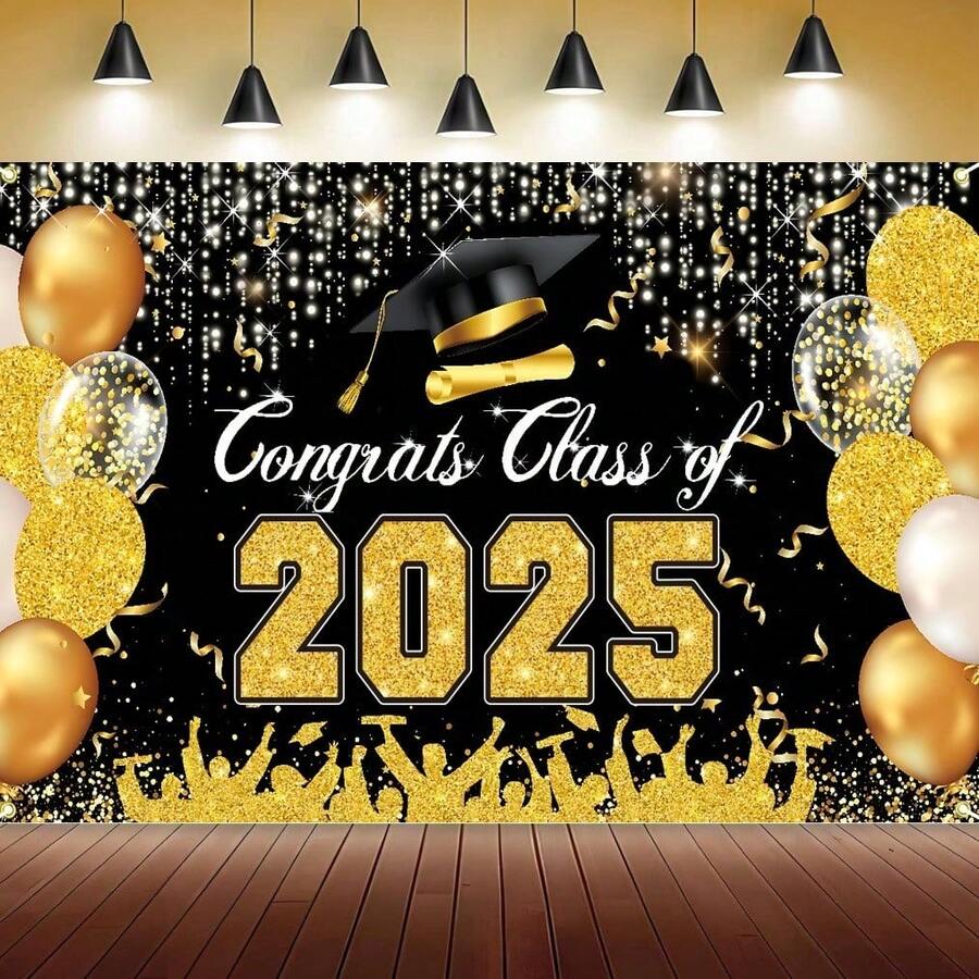 1pc "Congratulations Graduation" Banner, Black & Gold, Floral, Pink ...