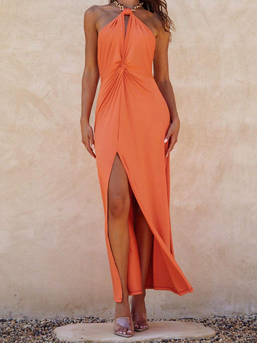 Women Summer Sleeveless Long Dress Casual Backless Chain Halter Neck ...