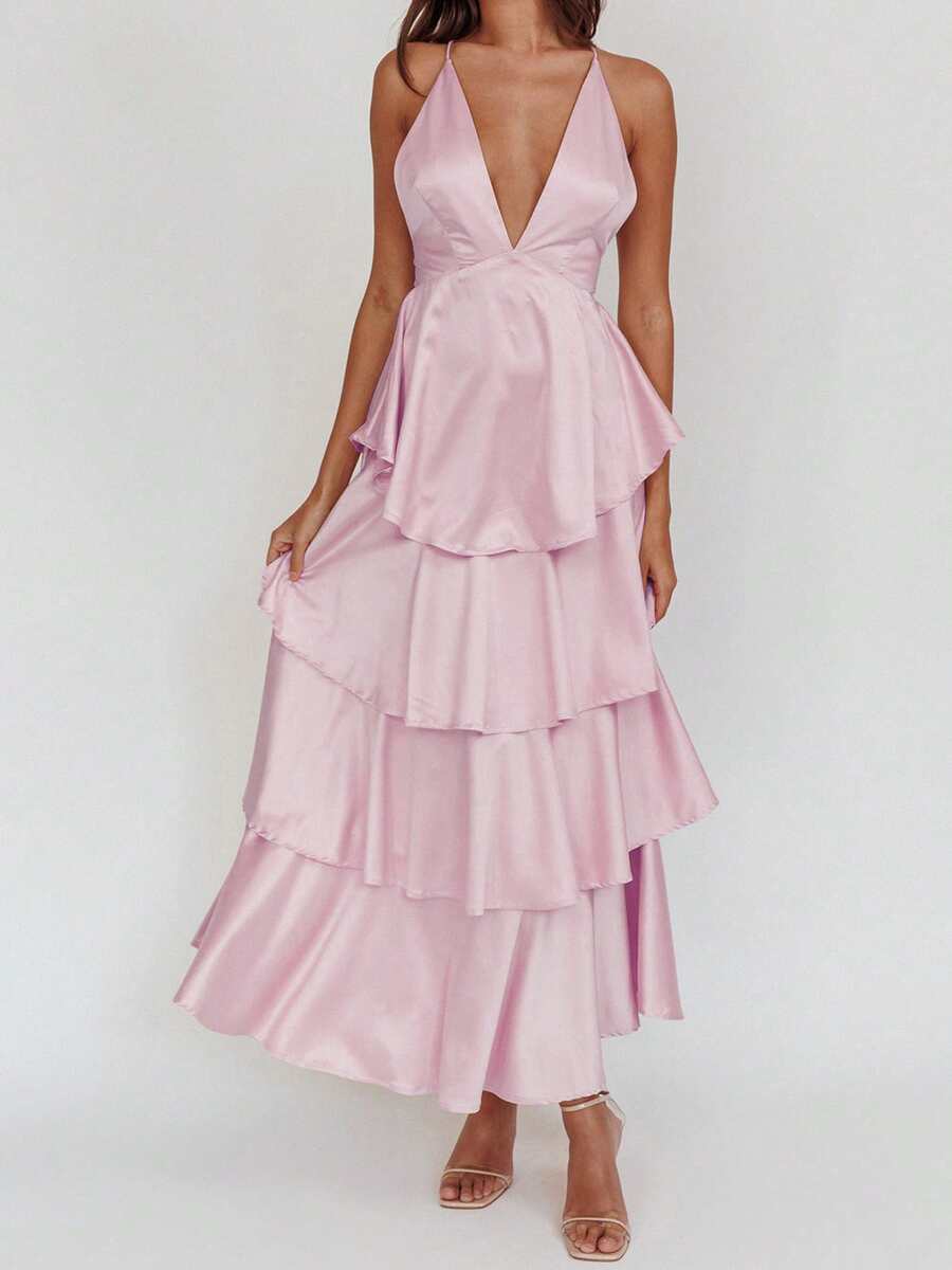 Women's Solid Color Ruffle Fashion Dress Sleeveless Deep V-Neck ...