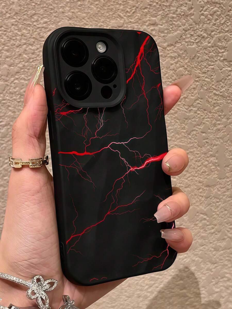 Marble Matte Black Phone Case With Red Lightning Pattern Compatible ...