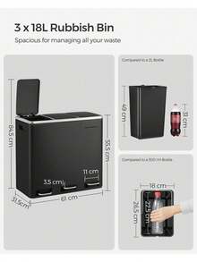 Kitchen Rubbish Bin, 3 X 18 Litres, Waste Separation System, 3 ...