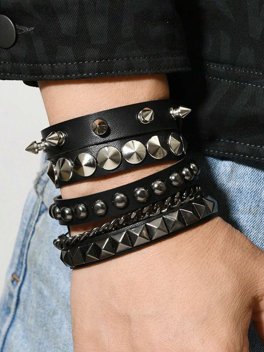 3pcs Punk Leather Cuff Bracelet - Goth Leather Wristband With Metal ...