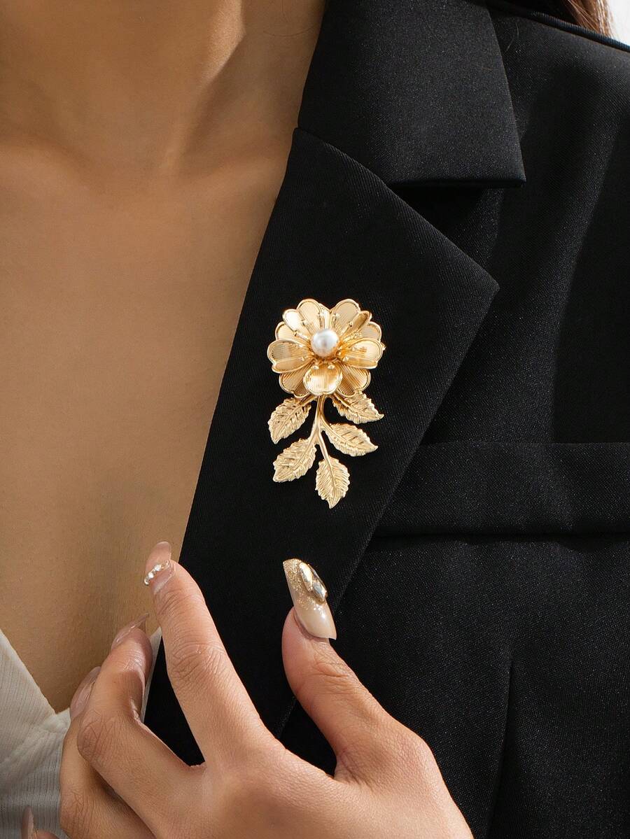 1 Elegant Metal 3D Flower & Leaf Design Brooch Pin, Suitable For Women ...