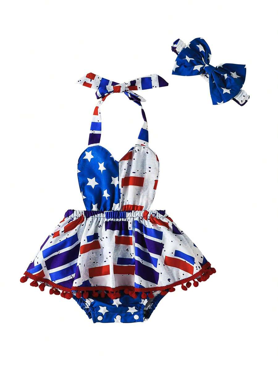 4th Of July Infant Baby Girl Outfits American Flag Halter Romper Pom Pom Backless Dress Bow ...