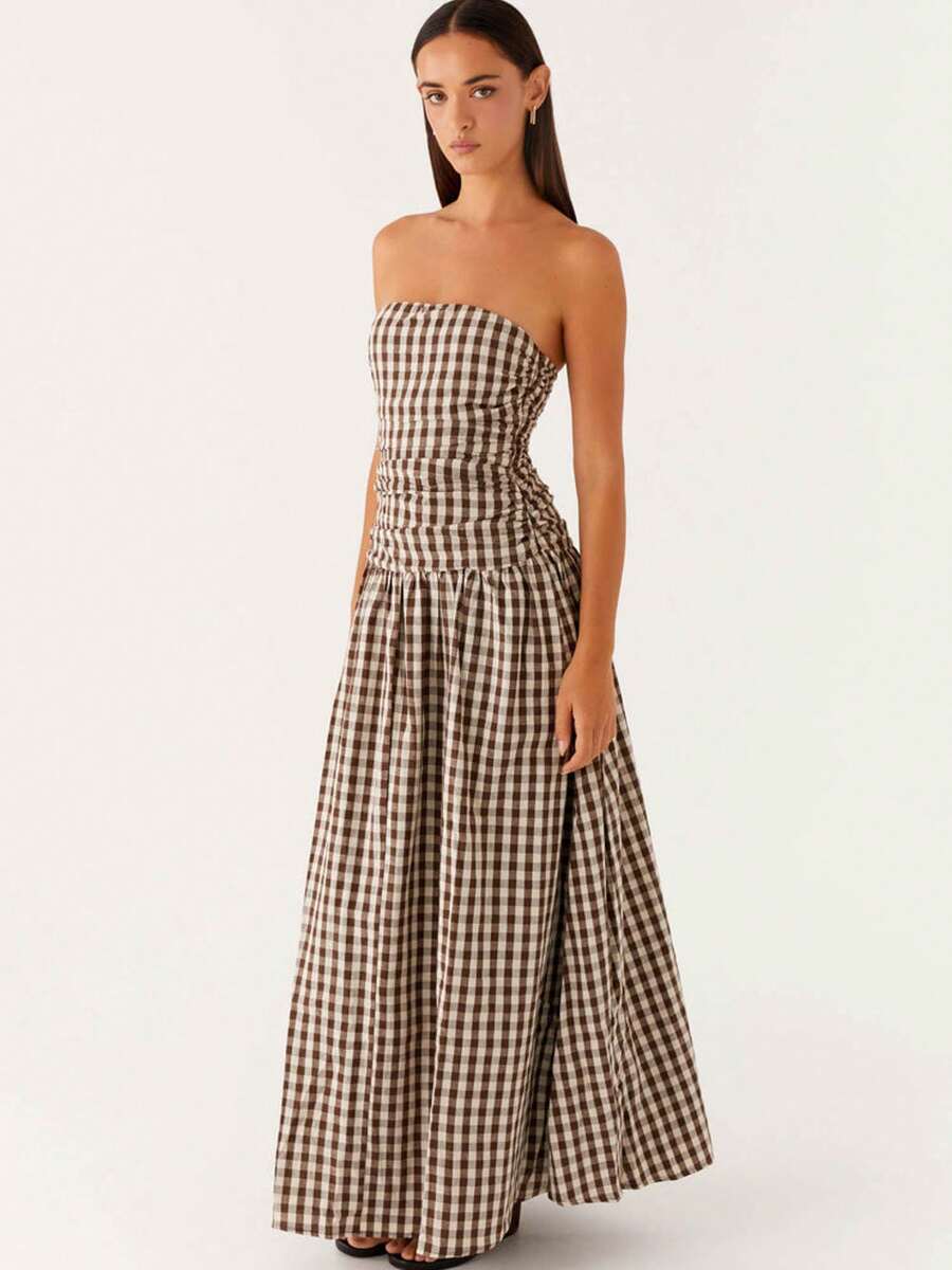Women Tube Long Dress Ruched Boat Neck Backless Sleeveless Strapless ...
