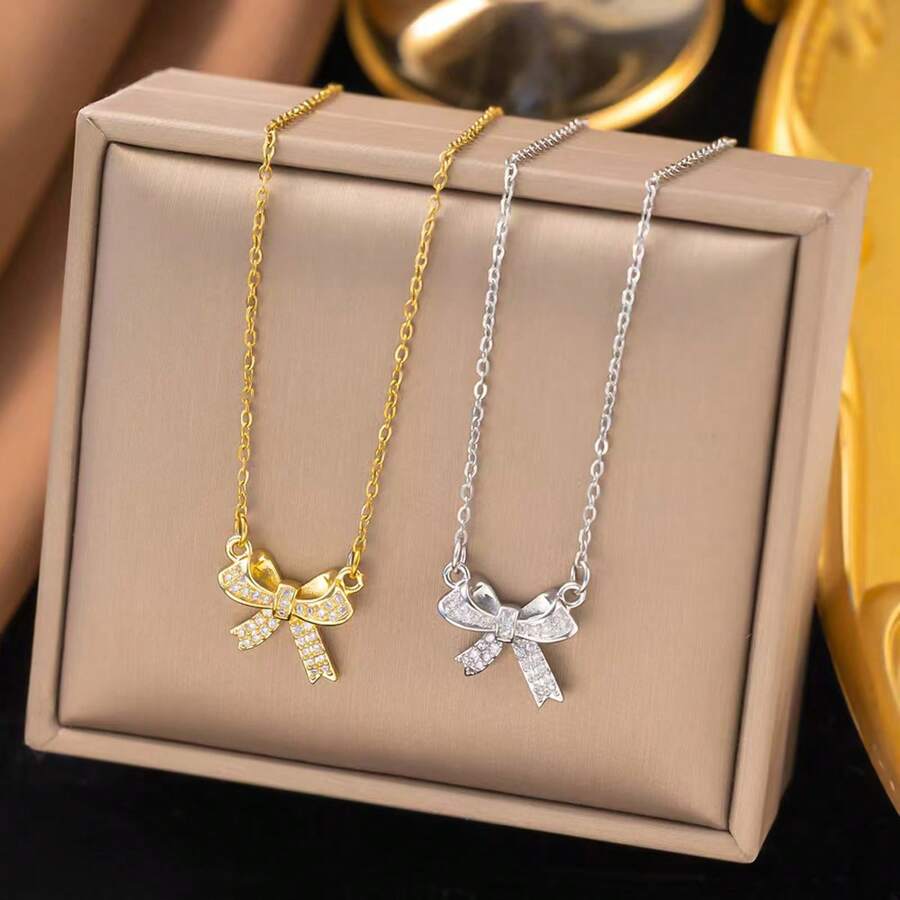 1 Pc 18K Gold Plated Titanium Steel Bowknot Necklace, Sweet & Fresh Collar Necklace, New ...